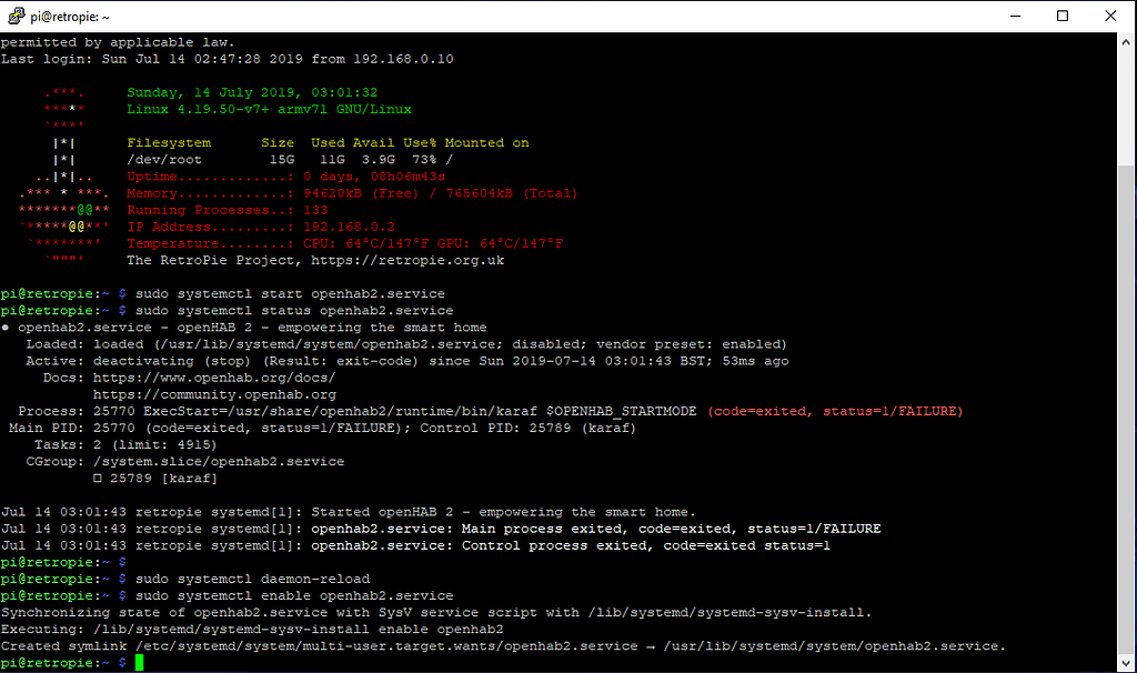 Error installing/starting OpenHab2 after manual installation on existing RetroPie install ...