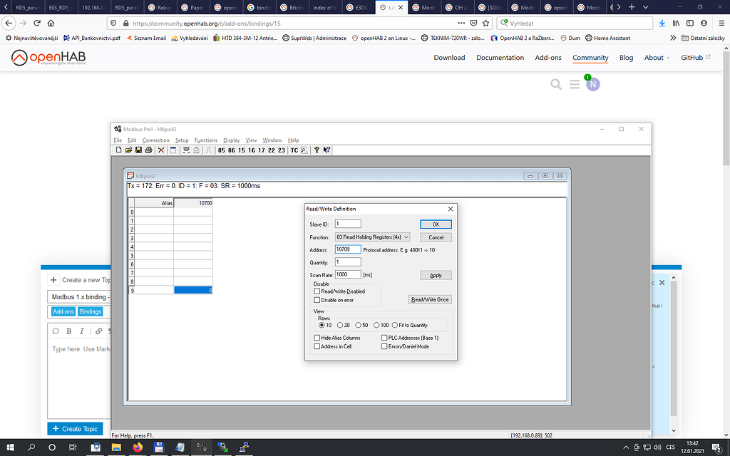 Modbus 1.x binding - TCP/IP error - Bindings - openHAB Community