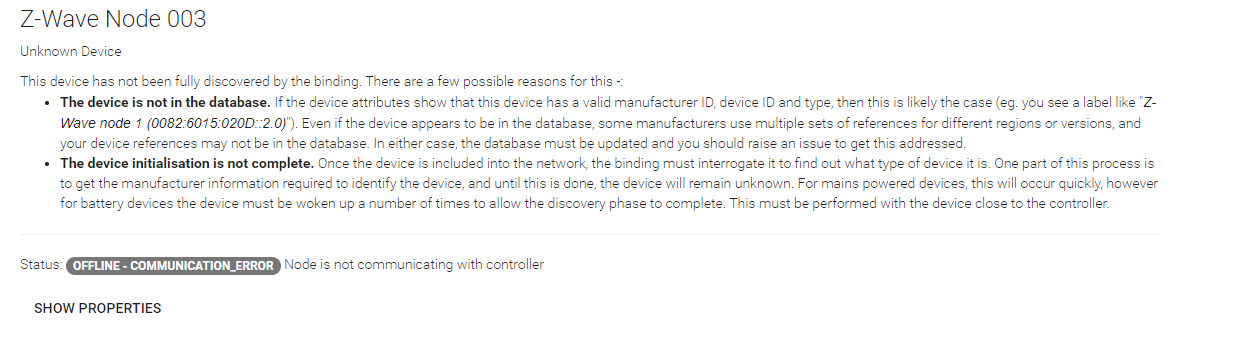 Aoetec z-stick gen5 (Z-wave Node 003) appears as OFFLINE - COMMUNICATION_ERROR Please help ...