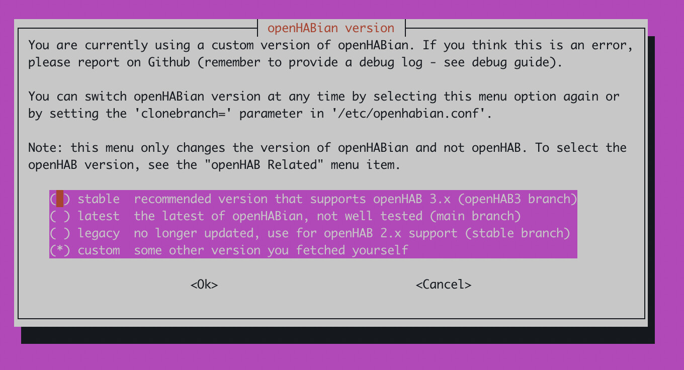 openHABian branch selection UI - Misc - openHAB Community